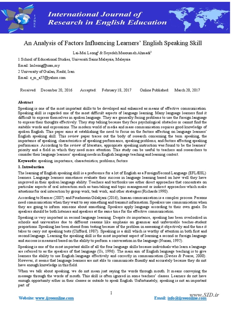 An Analysis of Factors Influencing Learners' English Speaking Skill ...