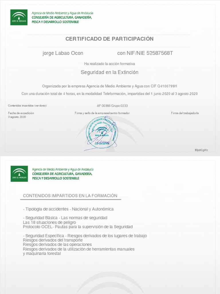 Certificado de Participación: Jorge Labao Ocon Con NIF/NIE 52587568T | PDF