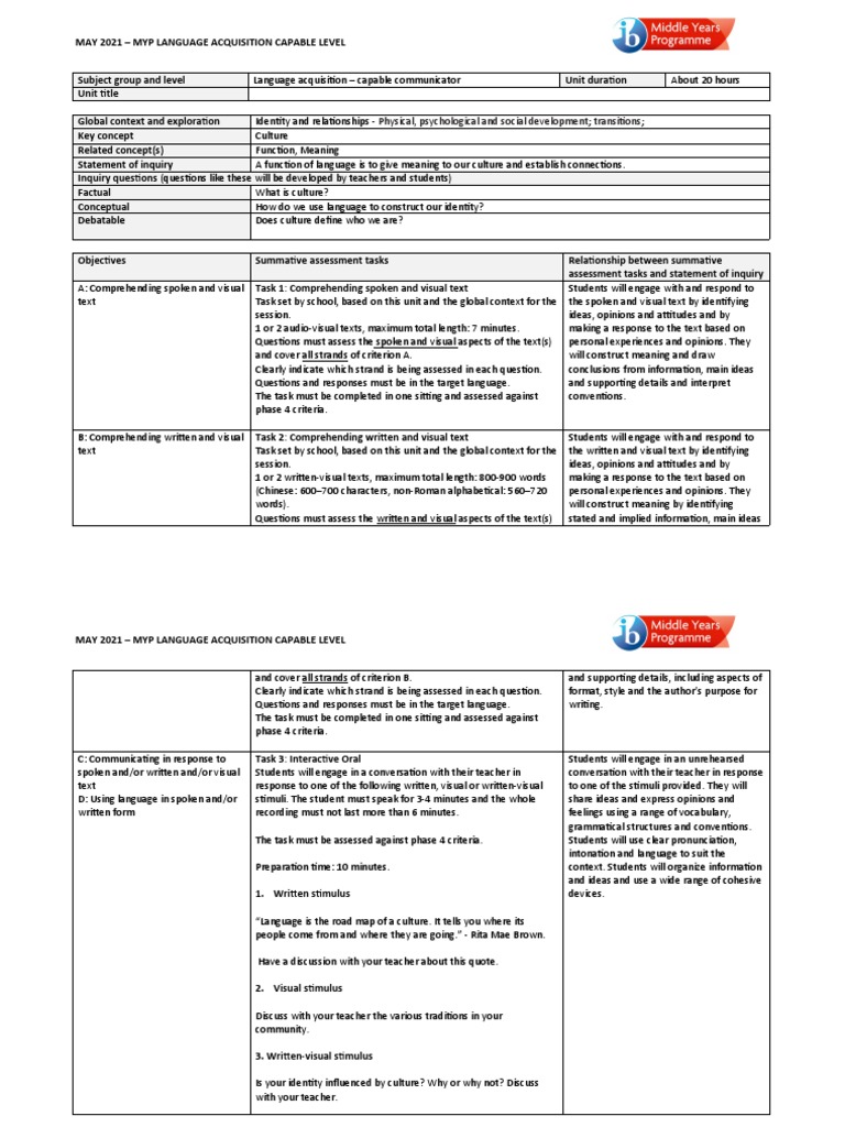 MYP Language Acquisition: Culture & Identity | PDF | Language ...