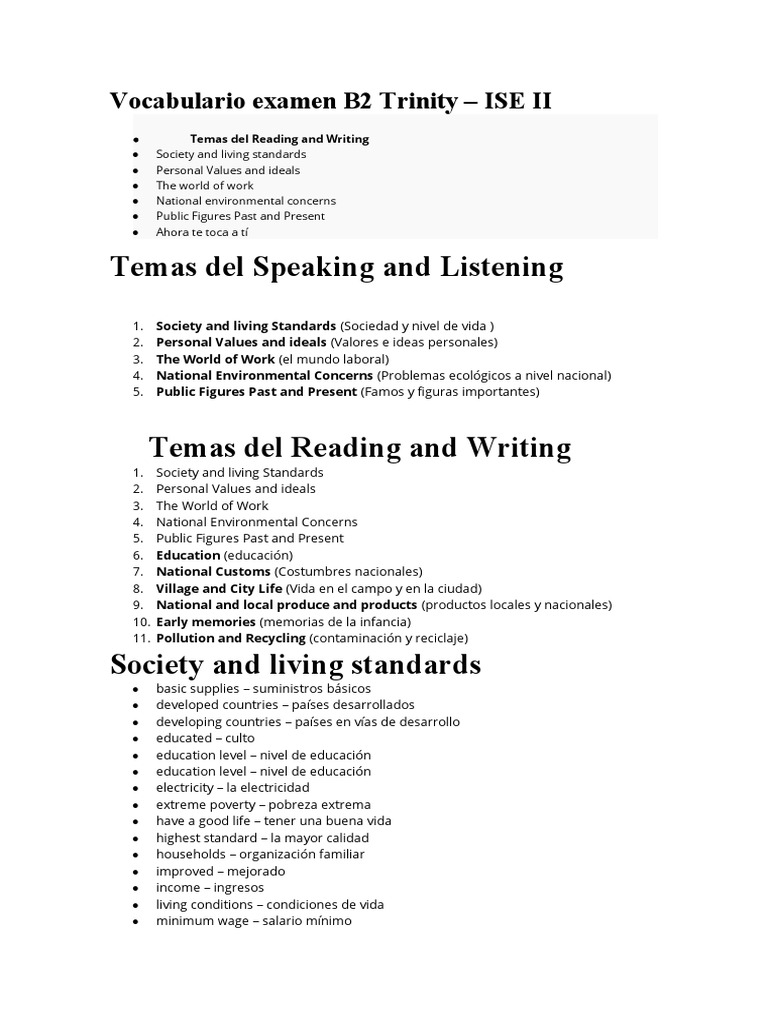 Temas Del Speaking and Listening: Vocabulario Examen B2 Trinity - ISE II | PDF | Naturaleza ...