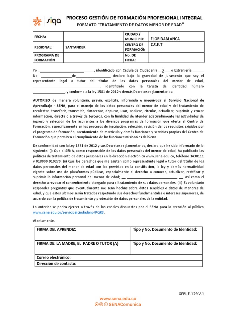 GFPI-F-129 Formato Tratamiento de Datos Menor de Edad | PDF