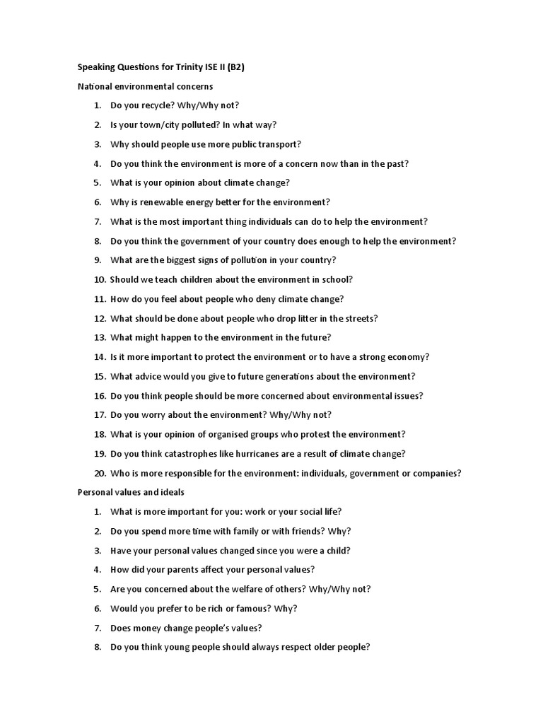 Speaking Questions ISE II | PDF | Climate Change | Natural Environment