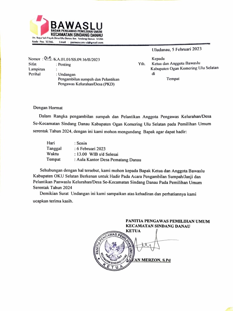 Undangan Pengambilan Sumpah Dan Pelantikan PKD Kecamatan Sindang Danau ...