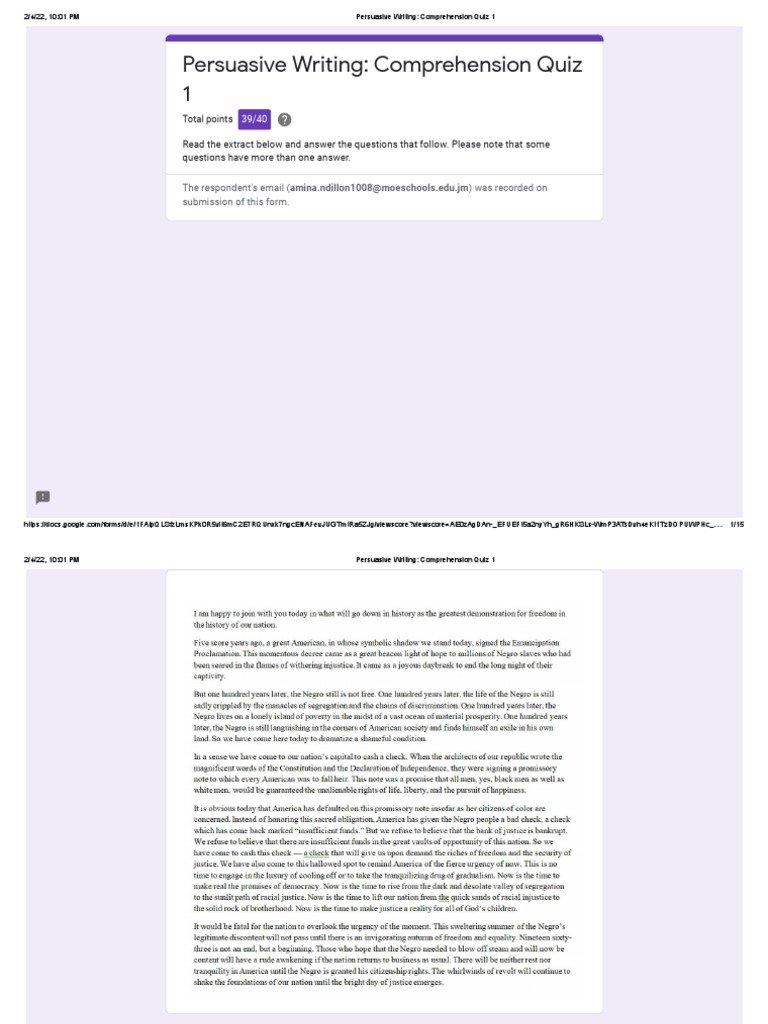 Persuasive Writing - Comprehension Quiz 1 | PDF