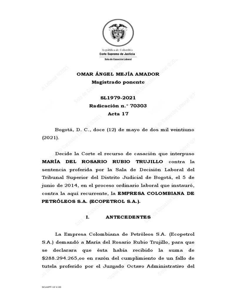 Omar Ángel Mejía Amador Magistrado Ponente SL1979-2021 Radicación N.° 70303 Acta 17 | PDF ...