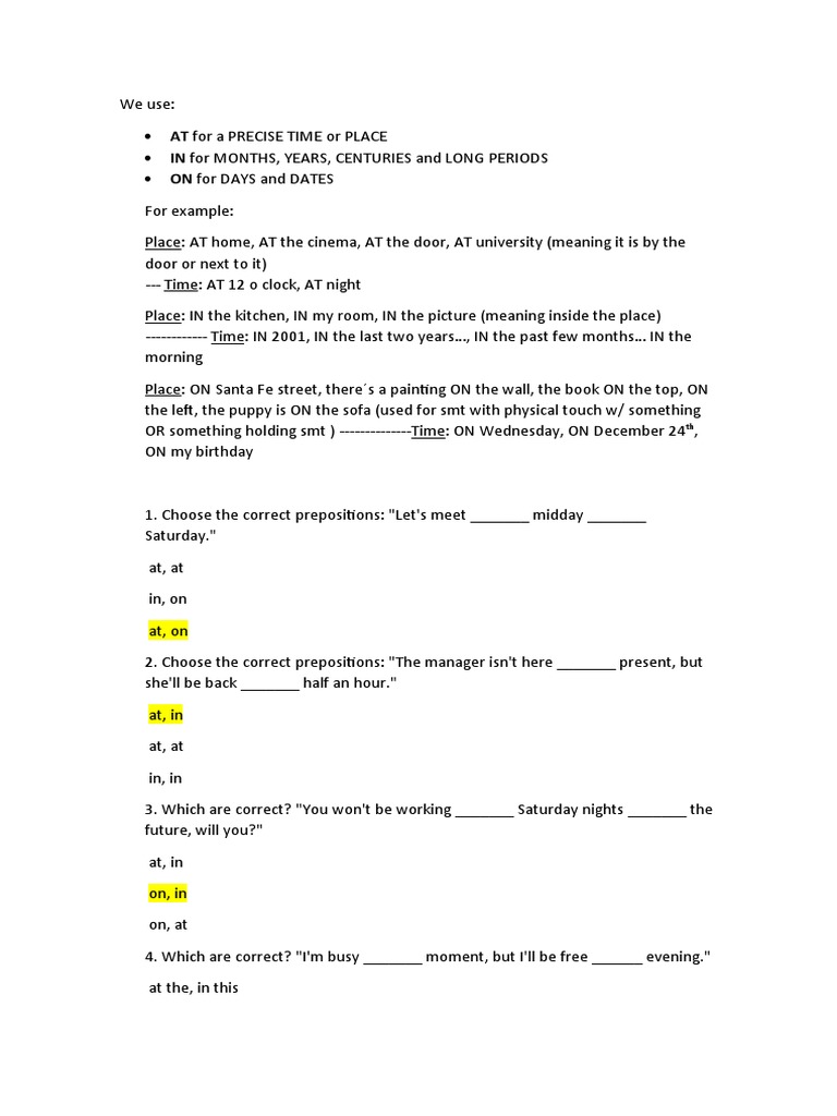Prepositions IN ON AT Def And EXERCISES PDF