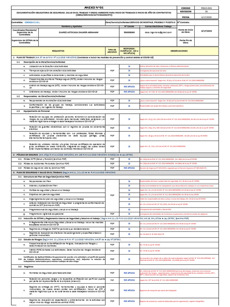 PDS15-R01 Doc Oblig de SST Y MA v06 | PDF | Tecnología