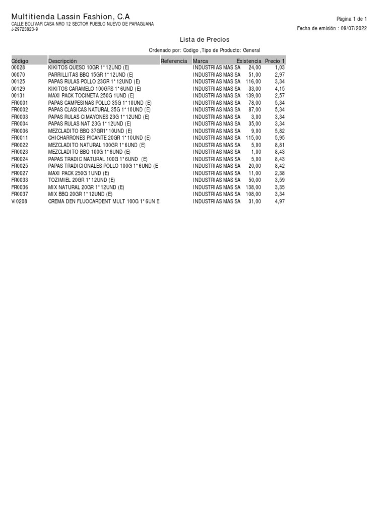 Multitienda Lassin Fashion, C.A: Lista de Precios | PDF