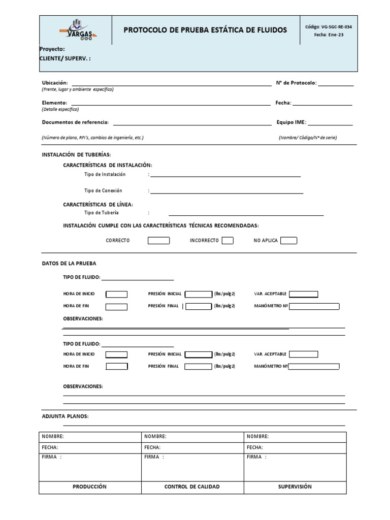 Prueba Estática de Fluidos Protocolo De: Proyecto: Cliente/ Superv. | PDF