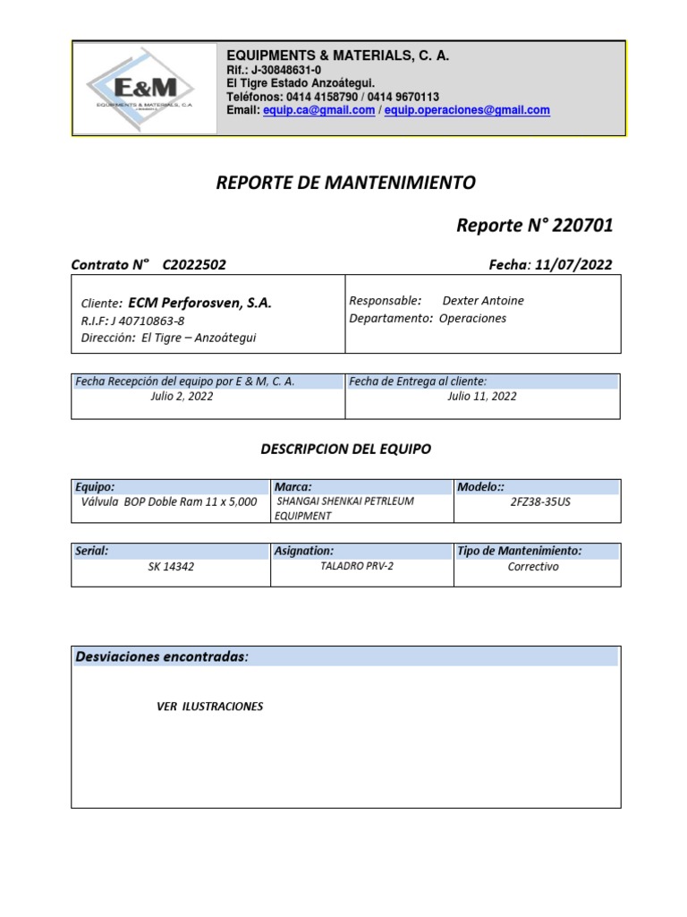 Reporte de Mantenimiento Reporte #220701 | PDF