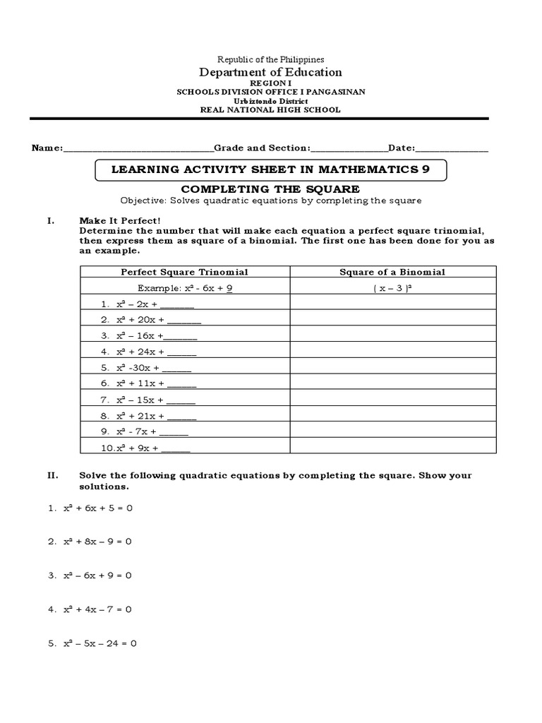 Grade 9 Math Learning Activity Sheet | PDF
