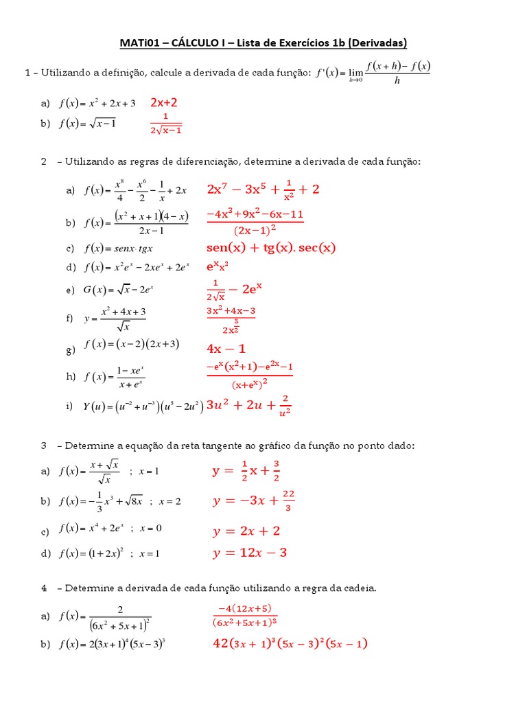 Lista de Exercícios 1b - MATi01 - Cálculo I - RESPOSTAS 2 | PDF ...