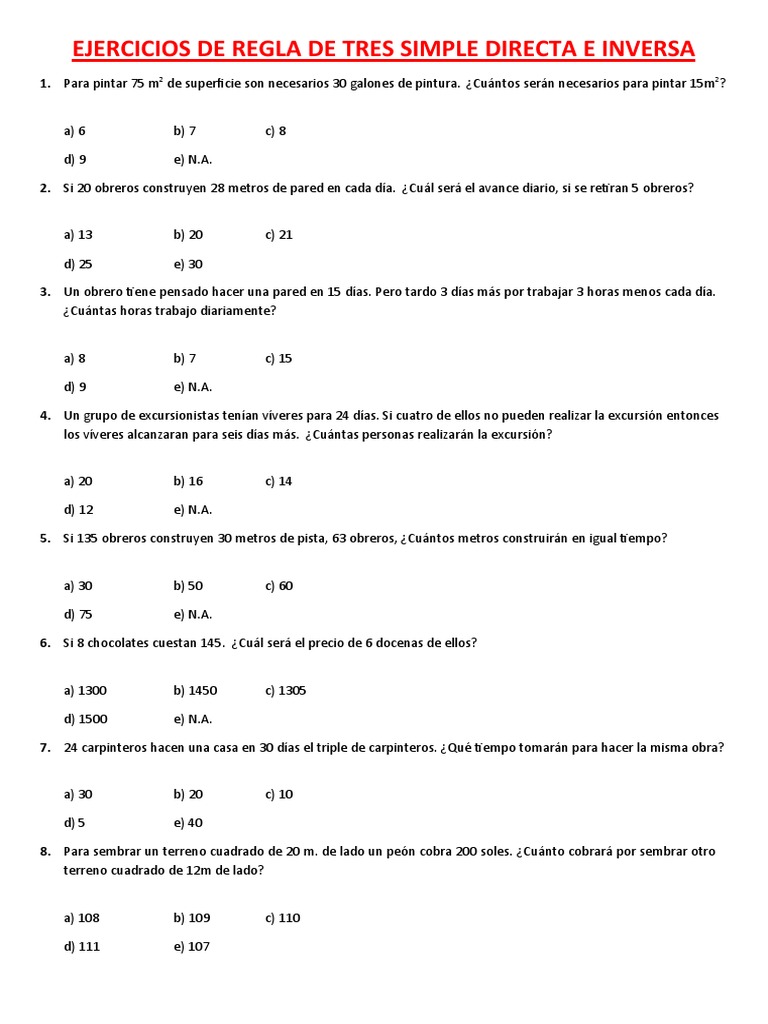 Ejercicios de Regla de Tres Simple Directa e Inversa | PDF