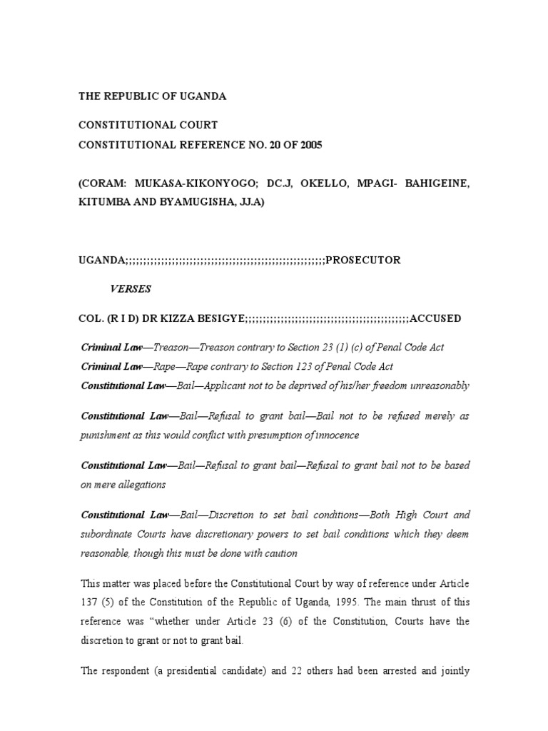 Uganda V Kizza Besigye Constitutional Ref No. 20 of 2005 | PDF