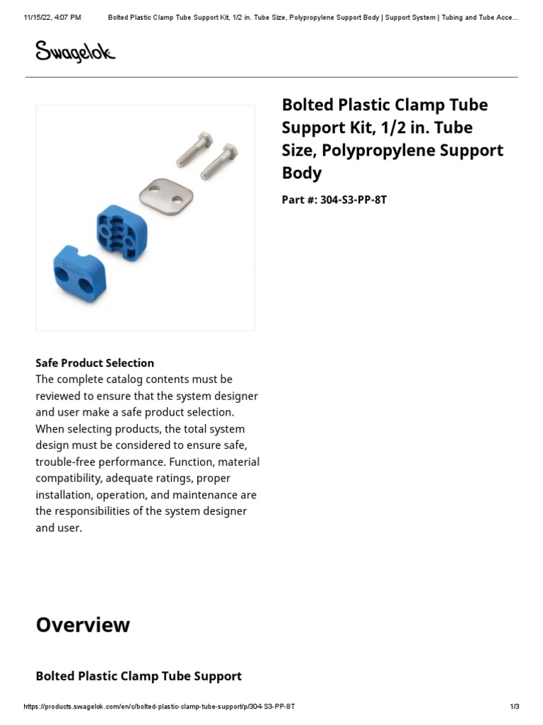 Bolted Plastic Clamp Tube Support Kit, 1/2 In. Tube Size, Polypropylene ...