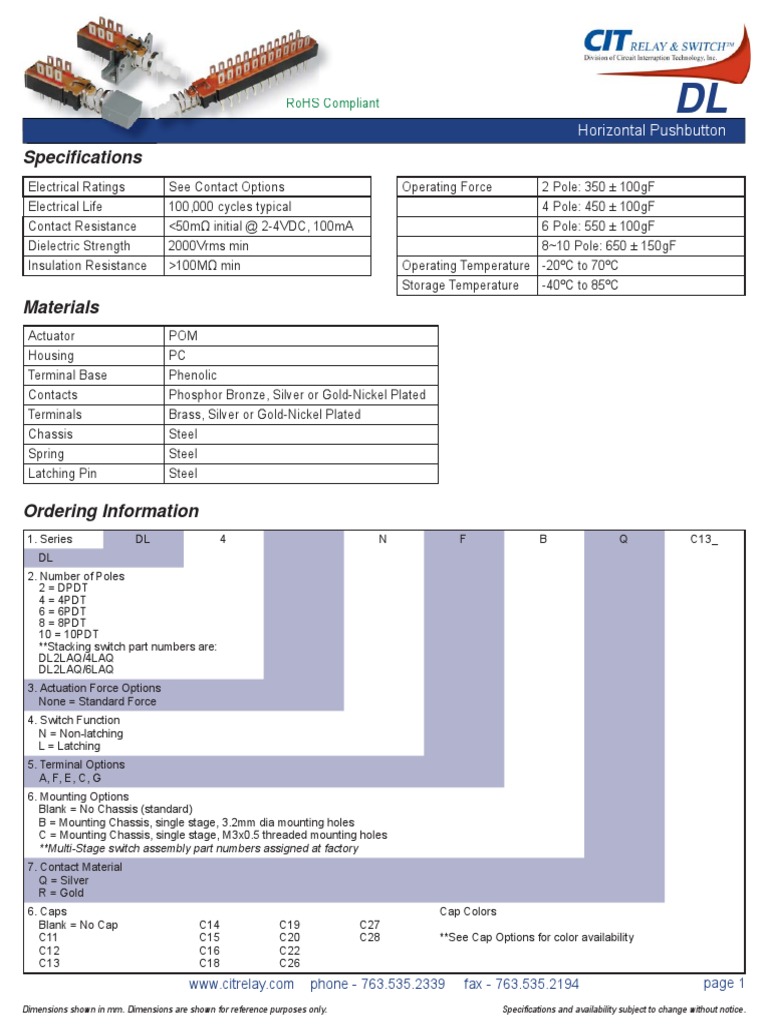 RoHS Compliant Horizontal Pushbutton Specs | PDF | Color | Switch
