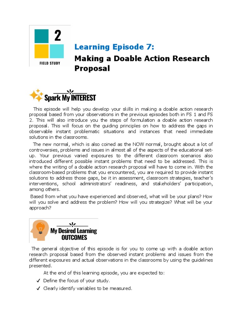 Learning Episode 7:: Making A Doable Action Research Proposal | PDF