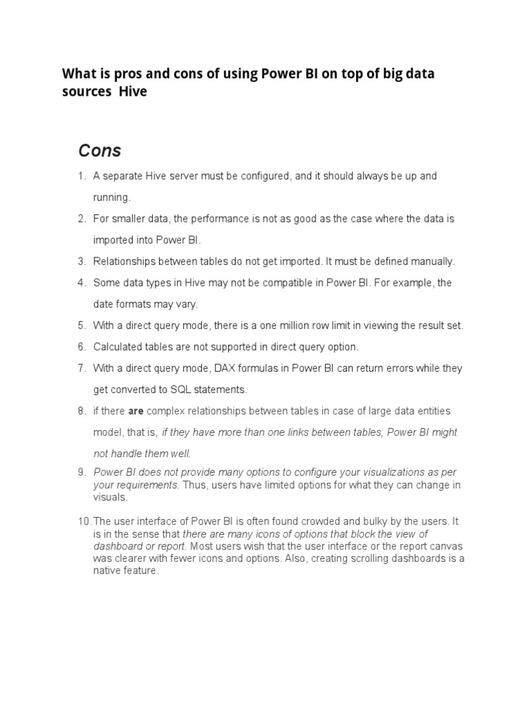 What Is Pros and Cons of Using Power BI On Top of Big Data Sources Hive ...