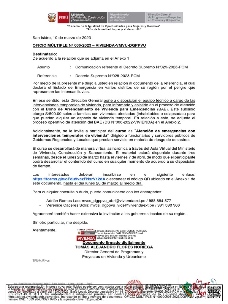 OFICIO MÚLTIPLE #006-2023 - Vivienda-Vmvu-Dgppvu Destinatario | PDF