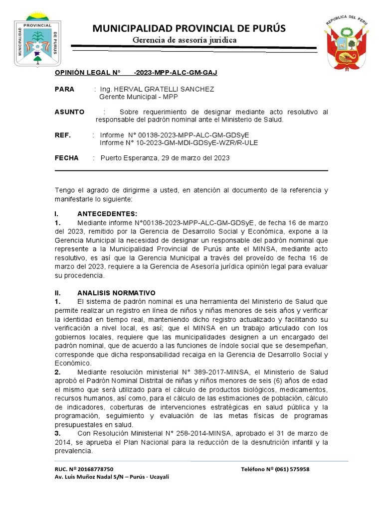 OPINION LEGAL N° - DESIGNACION DE RESPONSABLE DEL PADRON NOMINAL | PDF