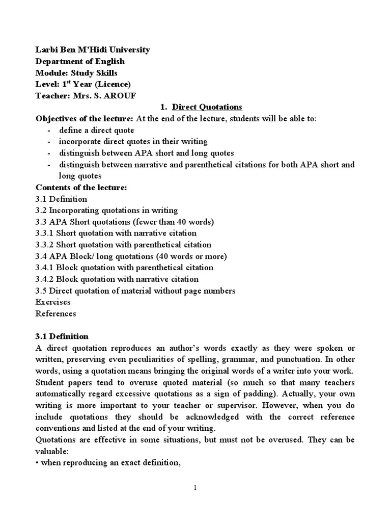 Direct Quotation | PDF | Citation | Bracket