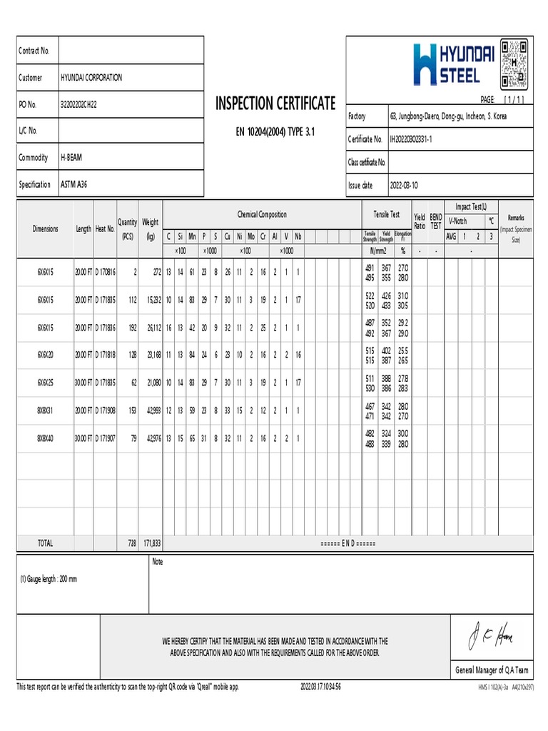 Inspection Certificate for H-Beam Shipment from Hyundai Corporation to ...