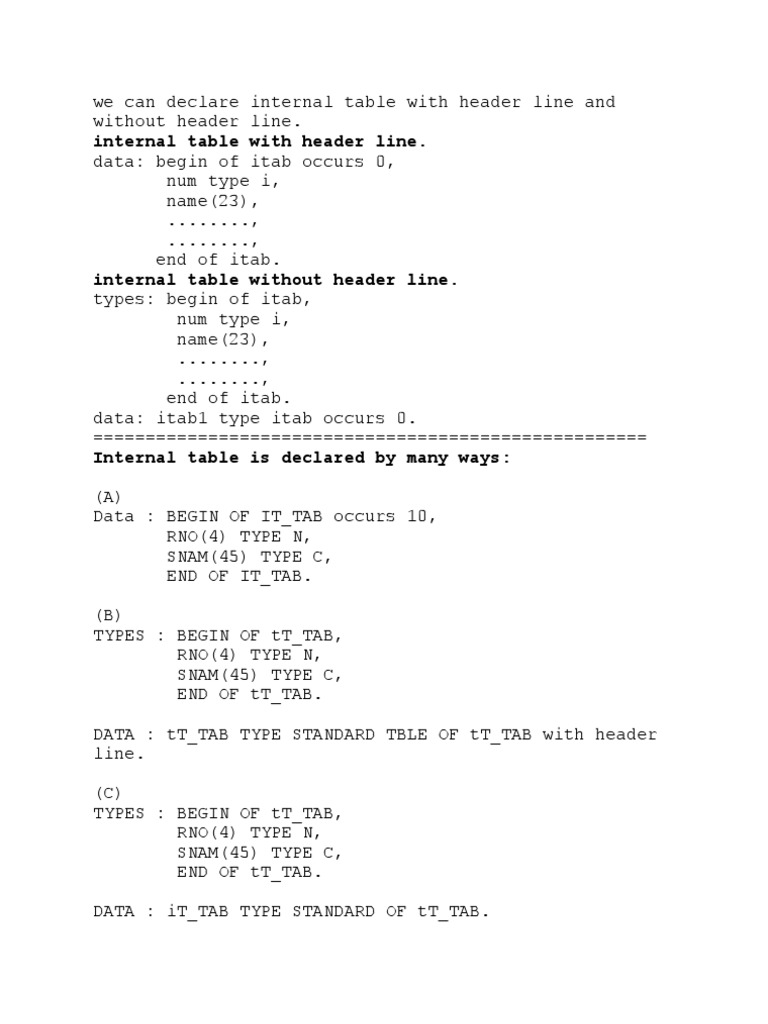 Declare Internal Table Pdf C Programming Language Plsql