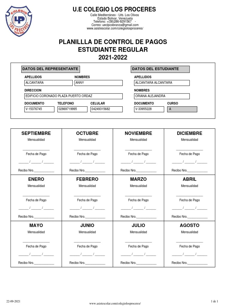 Planillla de Control de Pagos Estudiante Regular 2021-2022: U.E Colegio Los Proceres | PDF