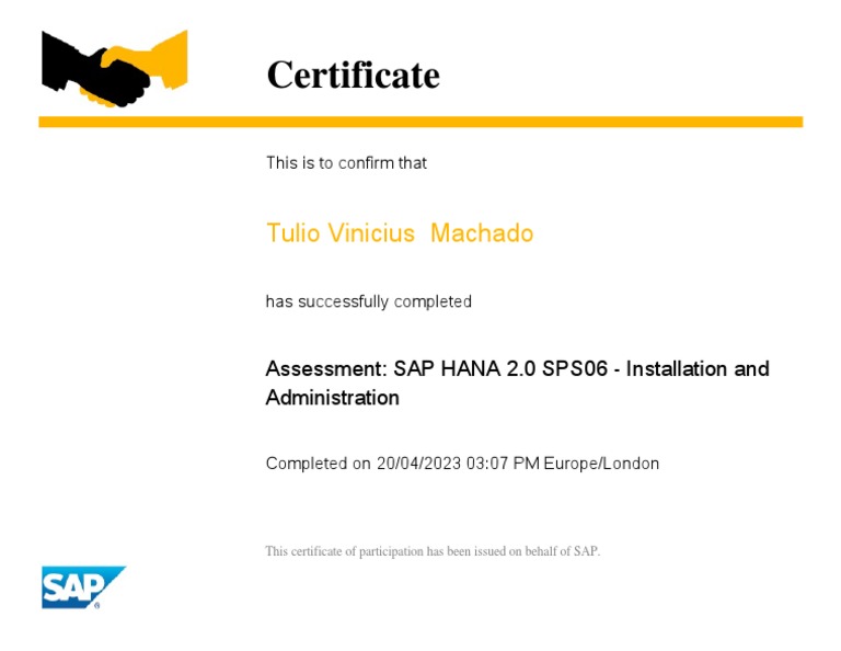 SAP HANA 2.0 Completion Certificate | PDF