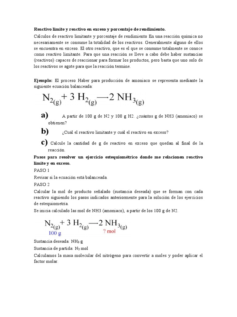 Reactivo Limite y Reactivo en Exceso y Porcentaje de Rendimiento | PDF | Reacciones químicas ...
