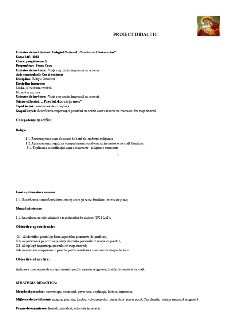 Proiect Didactic Preotul Din Viata Mea | PDF