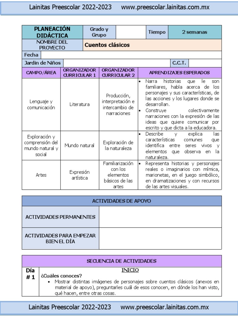 Planeación Didáctica Cuentos Clásicos: Grado y Grupo Tiempo 2 Semanas Nombre Del Proyecto Fecha ...