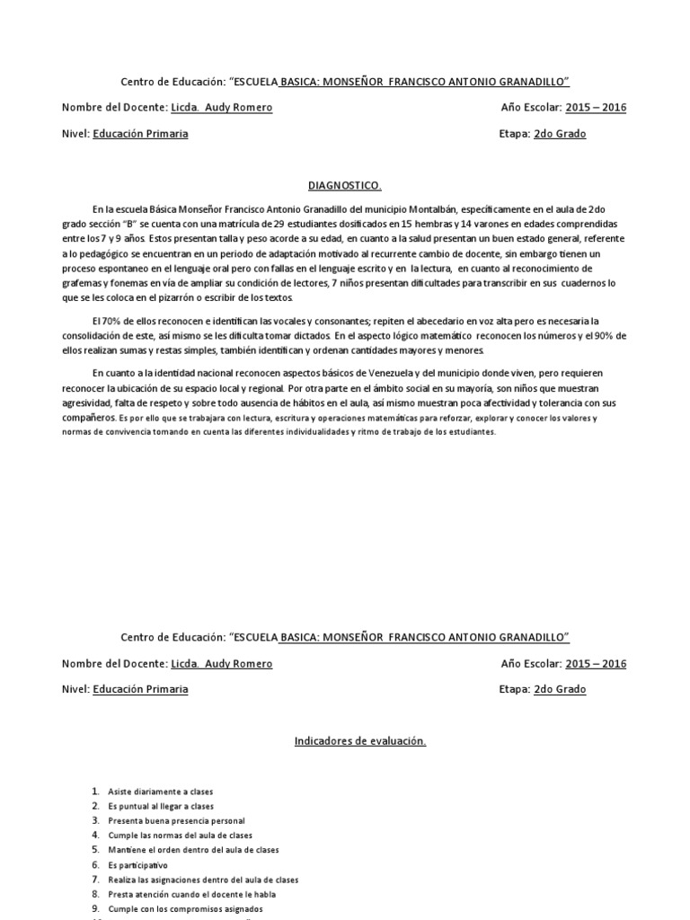 Diagnostico y Planificacion 2 Grado B | PDF | Educación primaria ...