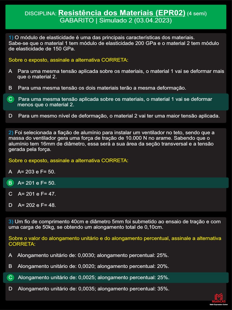 GABARITO Simulado 2 - Resistência Dos Materiais (EPR02) | PDF | Métodos e Materiais de Ensino