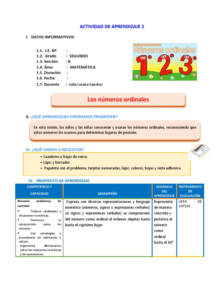 D2 A1 SESION MAT. Los Números Ordinales | PDF | Evaluación | Aprendizaje