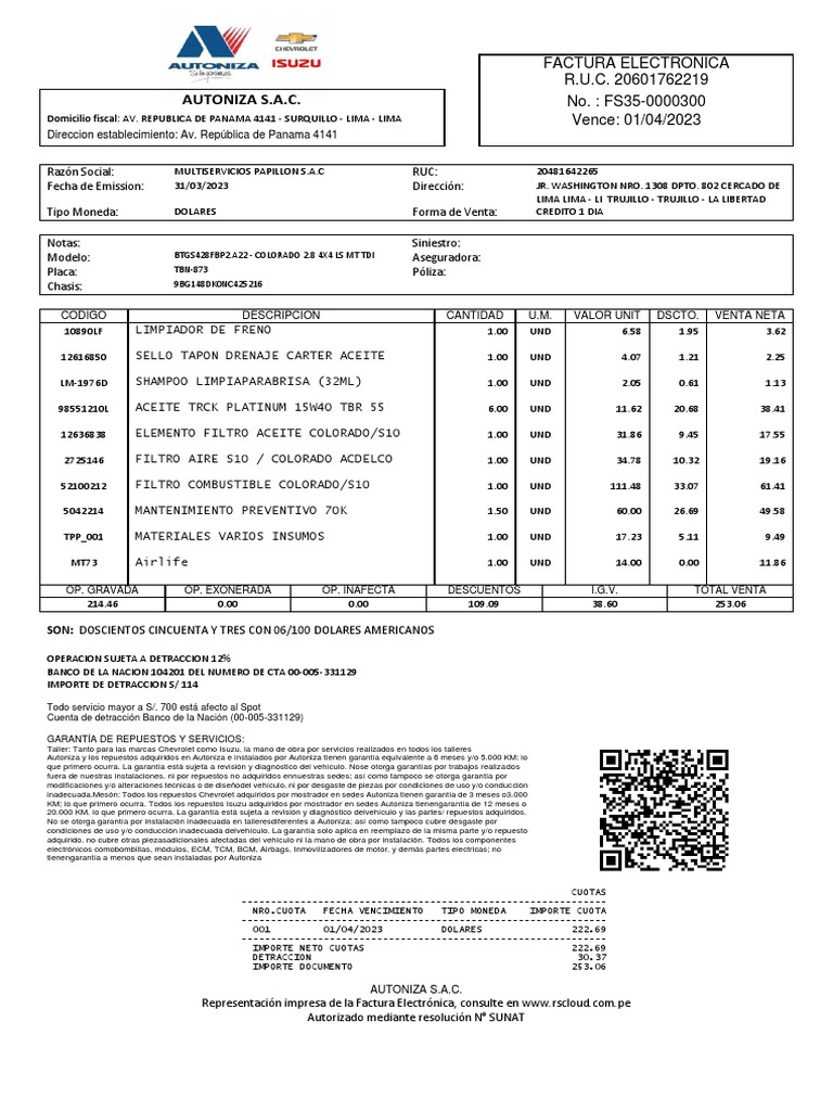 Multiservicios Papillon S.A.C - Tbn-873-Colorado | PDF