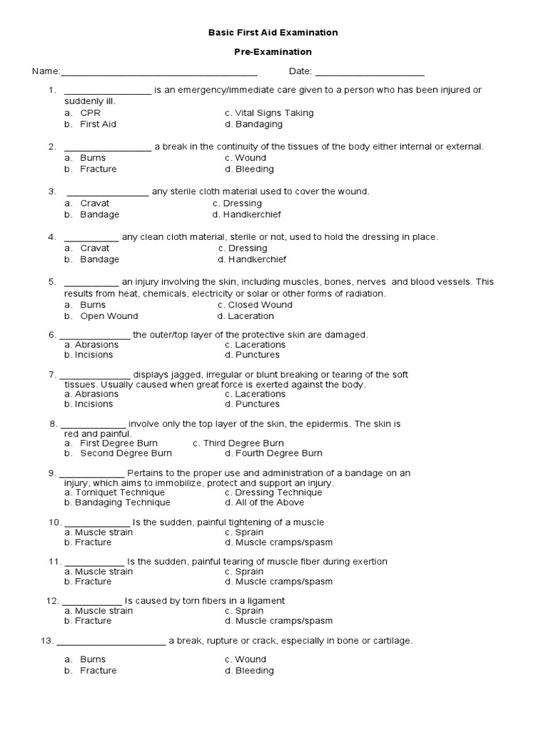 Basic First Aid Exam | PDF | Cardiopulmonary Resuscitation | Injury