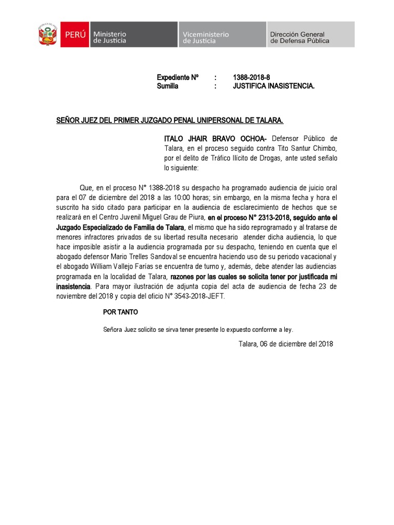 Escrito Juzgado Justificando Inasistencia Audiencia Exp. 1388-2018 | PDF | Ciencias sociales
