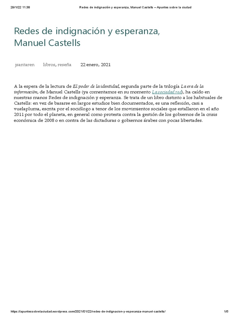 Redes de Indignación y Esperanza, Manuel Castells - Apuntes Sobre La ...