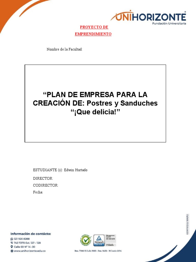Modelo de Presentacion de Proyecto de Emprendimiento 2023 | PDF | Mercado (economía) | Calidad ...