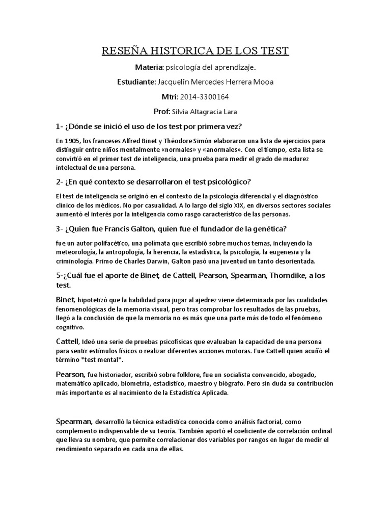 Historia Del Test | PDF | Inteligencia | Validez (Estadísticas)