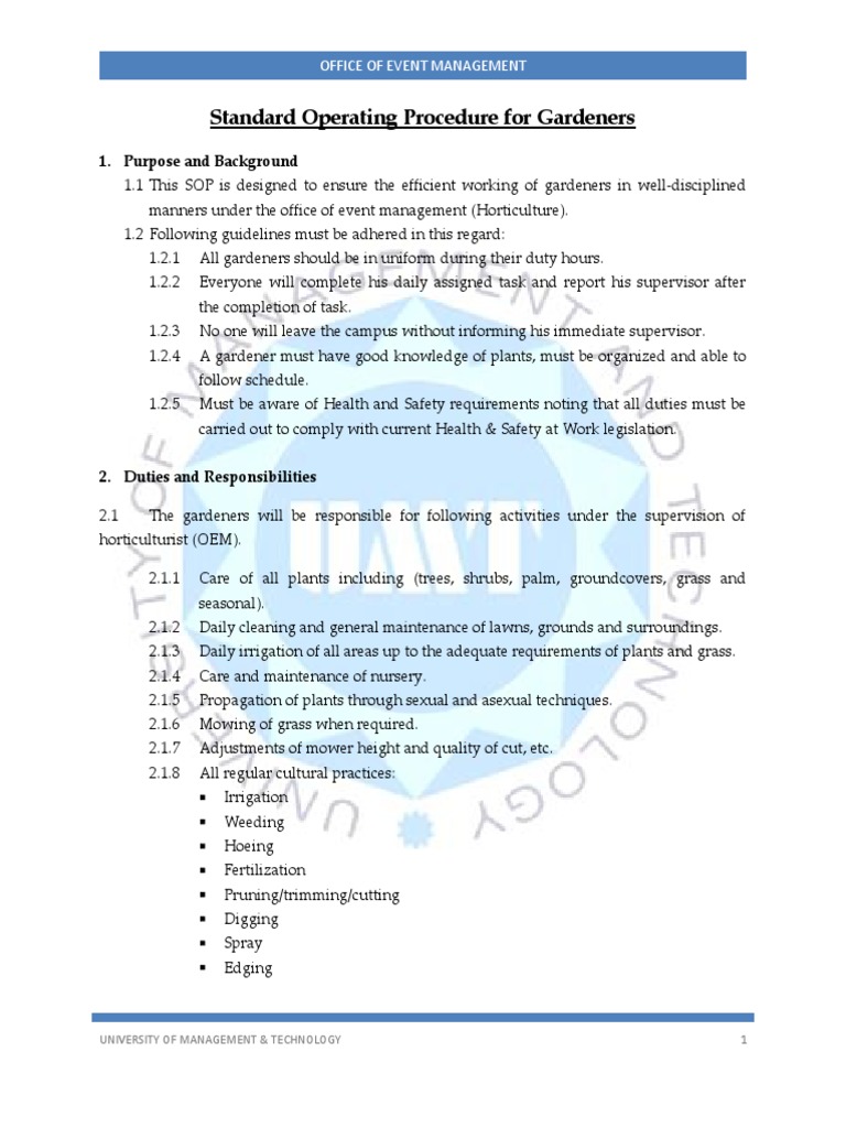 Standard Operating Procedure For Gardeners: 1. Purpose and Background | PDF | Horticulture | Plants