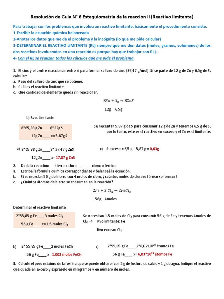 Solución Guía de Problemas Nº 6 Estequiometria de la reacción II Pureza y rendimiento.docx | PDF ...