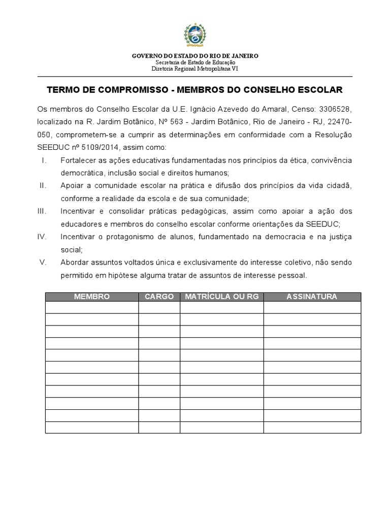 Termo De Compromisso Do Conselho Escolar Da U E Ignácio Azevedo Do