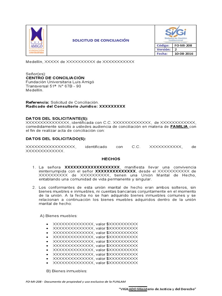 Formato de Solicitud de Conciliación, Declaratoria de Union Marital de Hecho y Sociedad ...