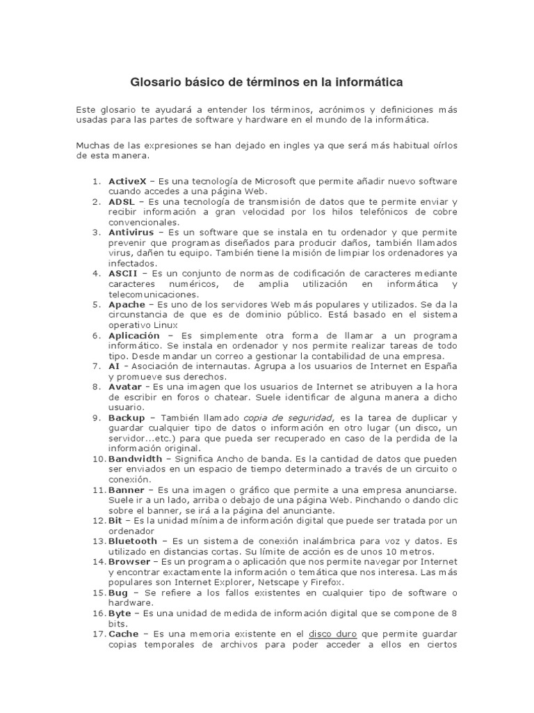 Glosario Básico de Términos en La Informática | PDF | Hardware de la computadora | Internet