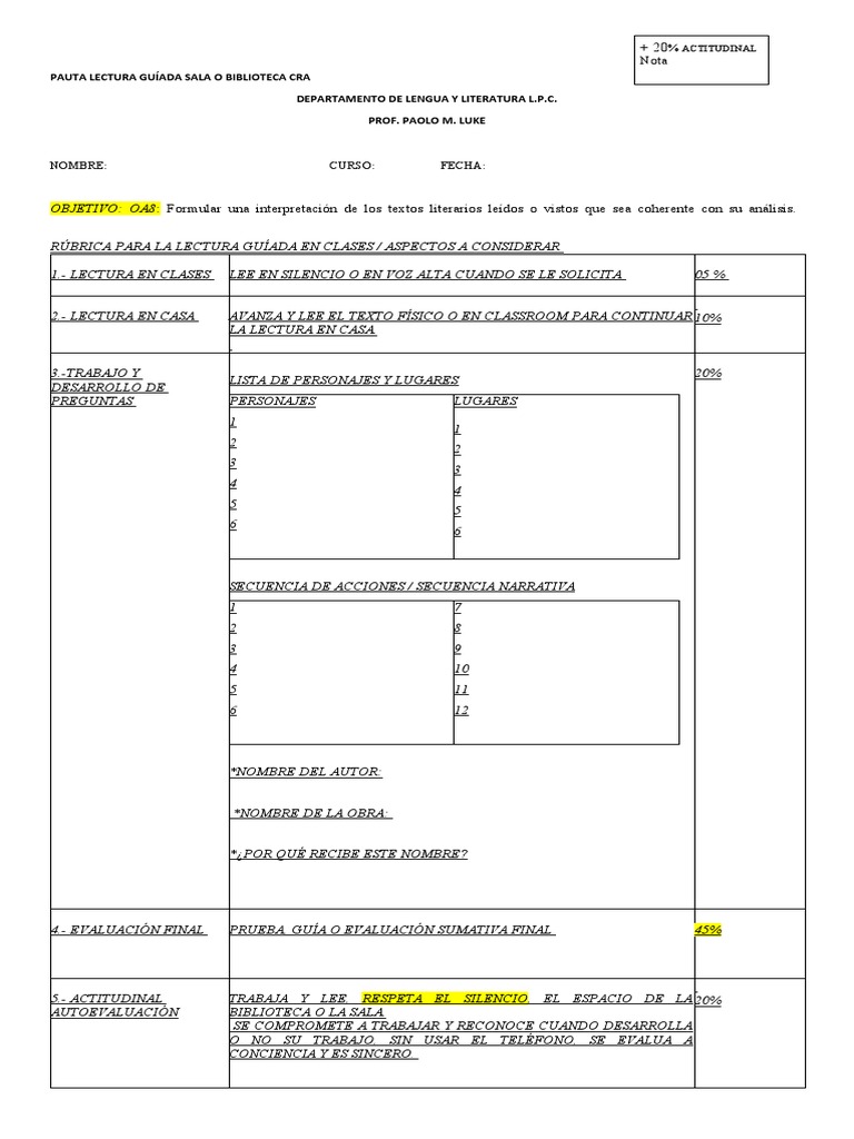 Pauta Control de Lectura | PDF | Escritura