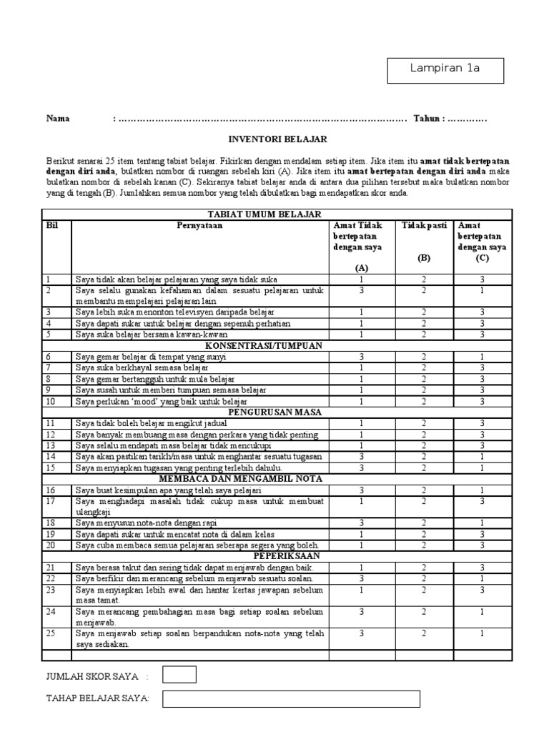 Borang INVENTORI BELAJAR | PDF