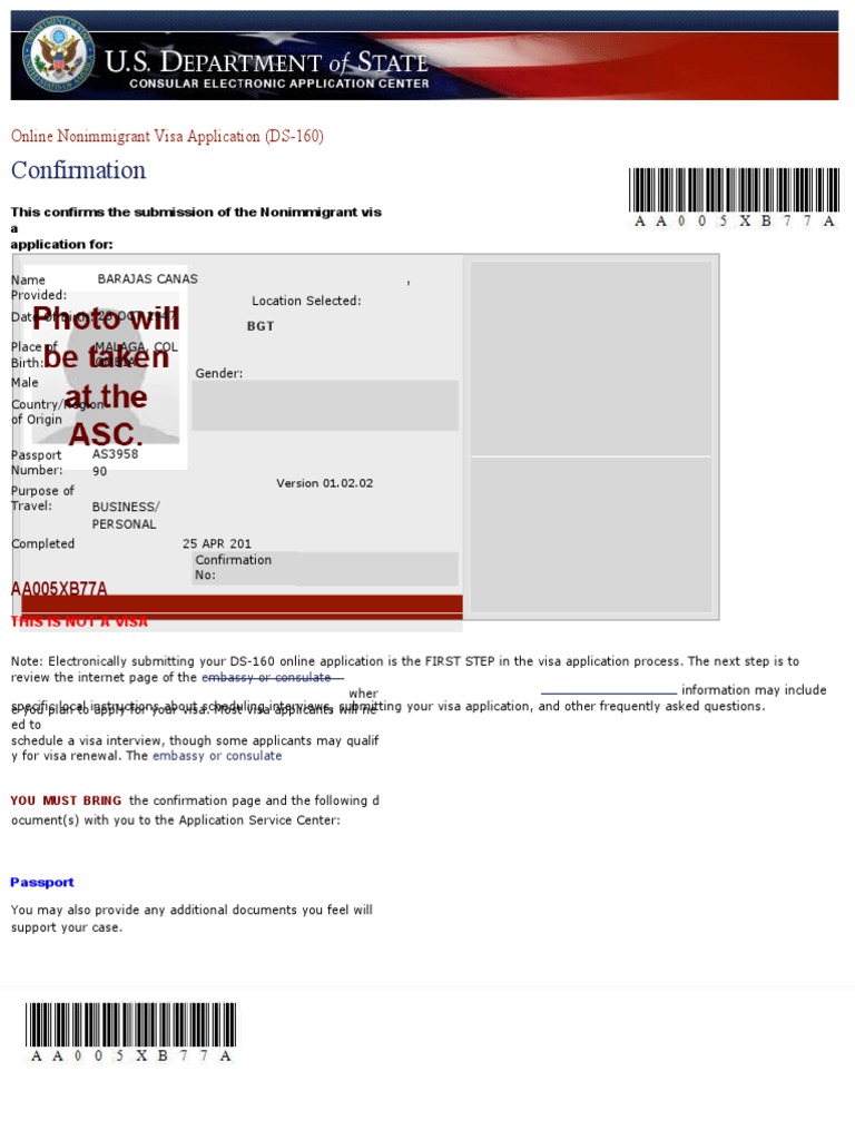 Confirmation: Online Nonimmigrant Visa Application (DS-160) | PDF ...