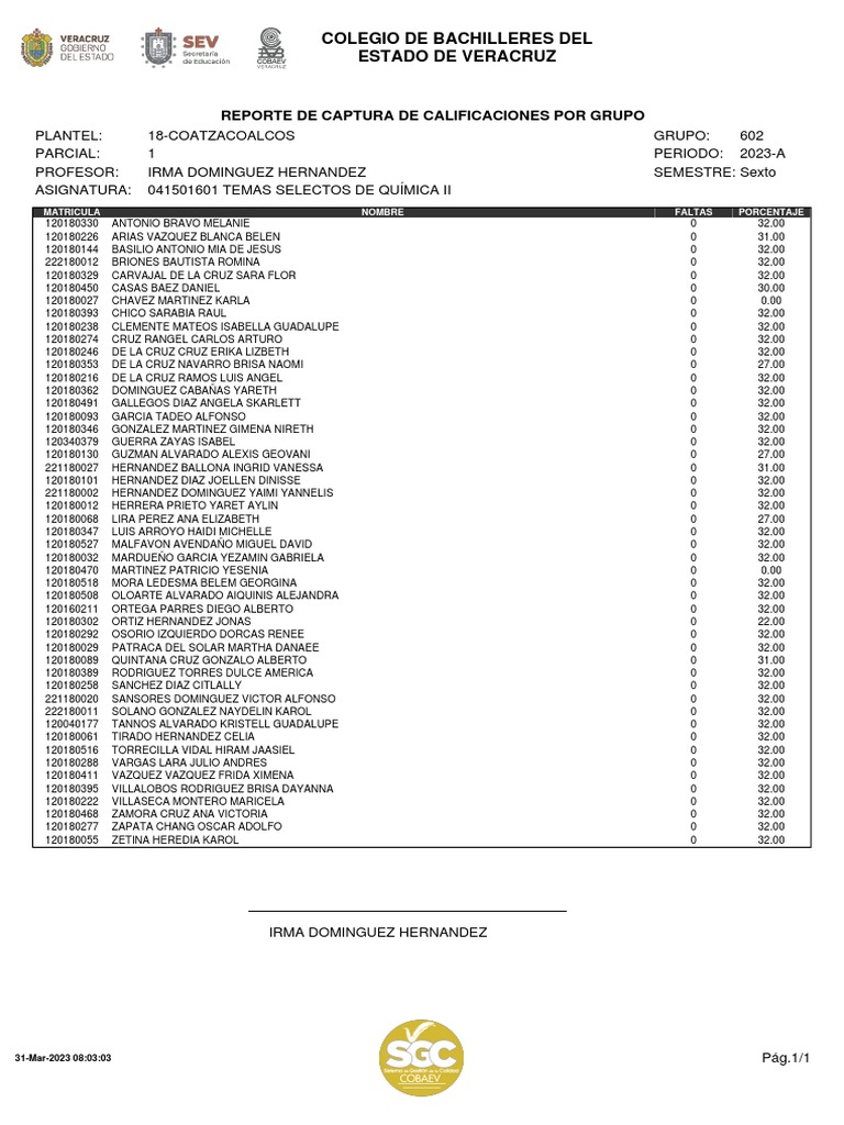Reporte de Calificaciones 602 | PDF